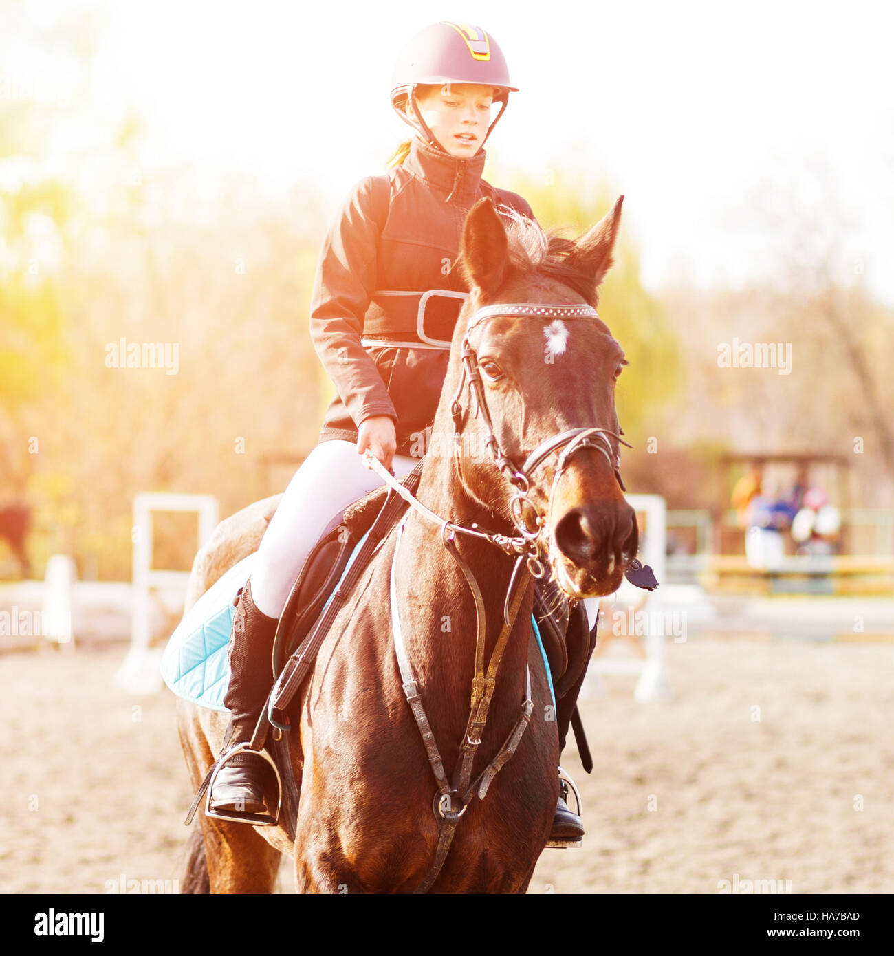 Small rider girl on horseback on show jumping competition Stock Photo ...
