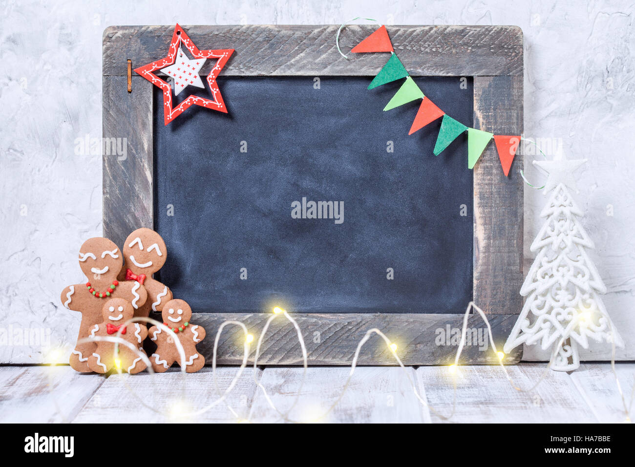 Christmas decoration with Happy Gingerbread man family and chalkboard ...