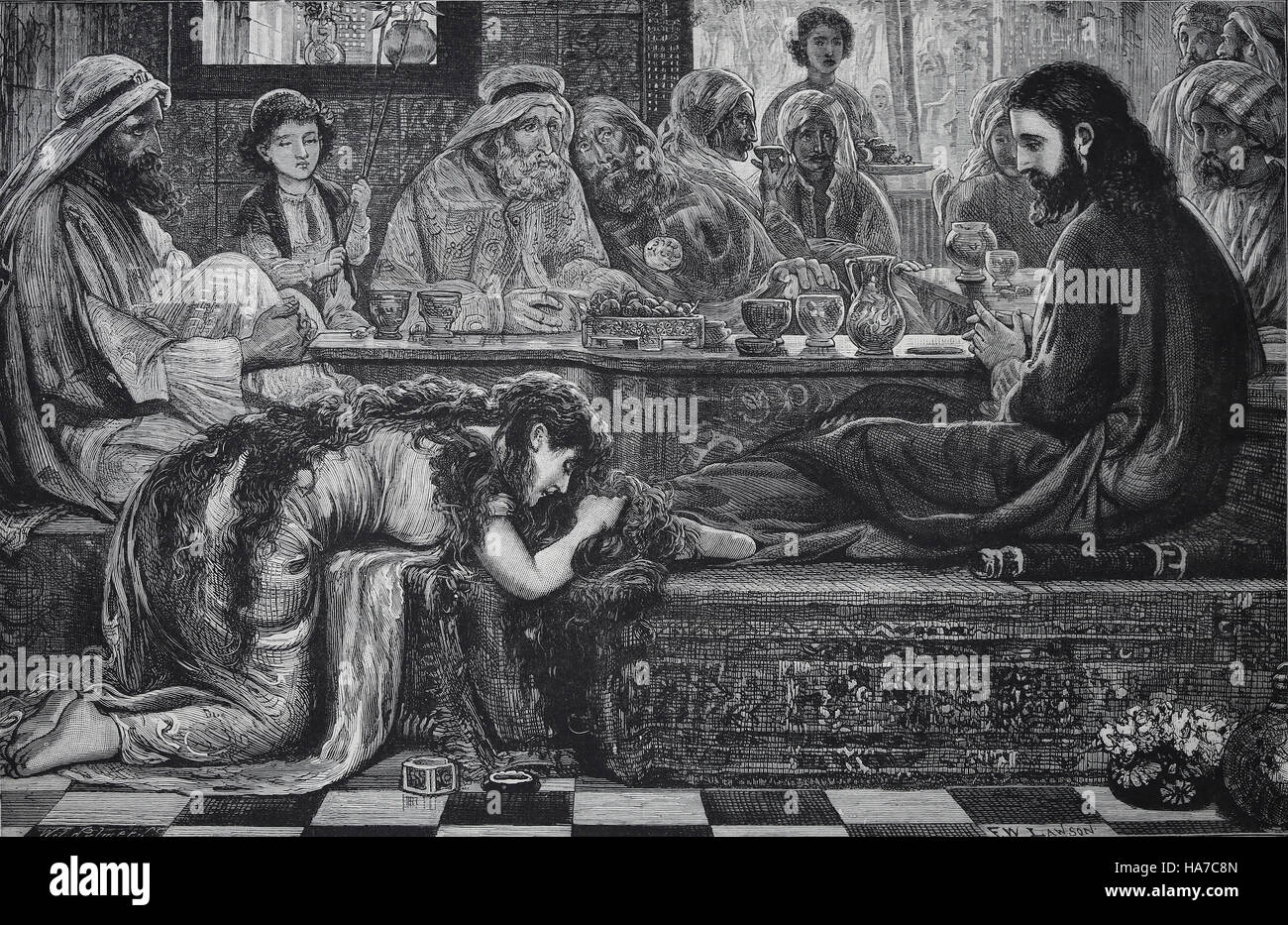 New Testament. Jesus with the sinful woman. Pharisee's House. Engraving ...