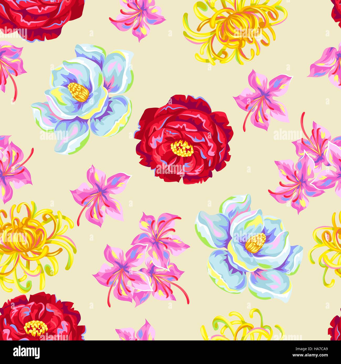 Seamless pattern with China flowers. Bright buds of magnolia, peony ...