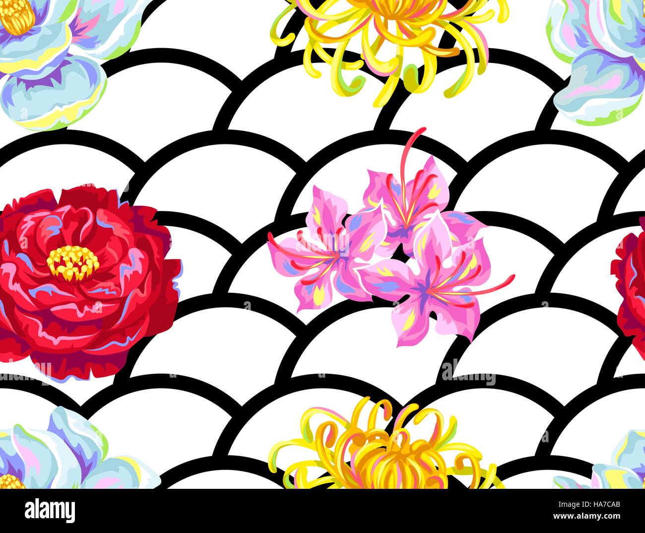 Seamless pattern with China flowers. Bright buds of magnolia, peony ...