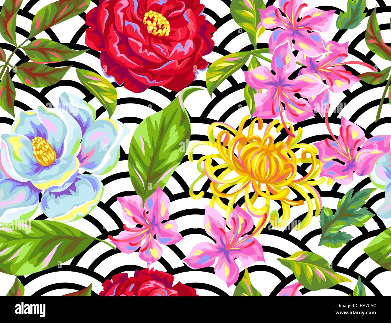 Seamless pattern with China flowers. Bright buds of magnolia, peony ...