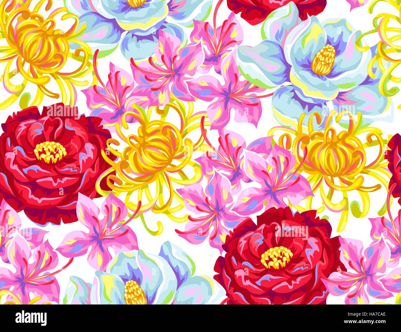 Seamless pattern with China flowers. Bright buds of magnolia, peony ...
