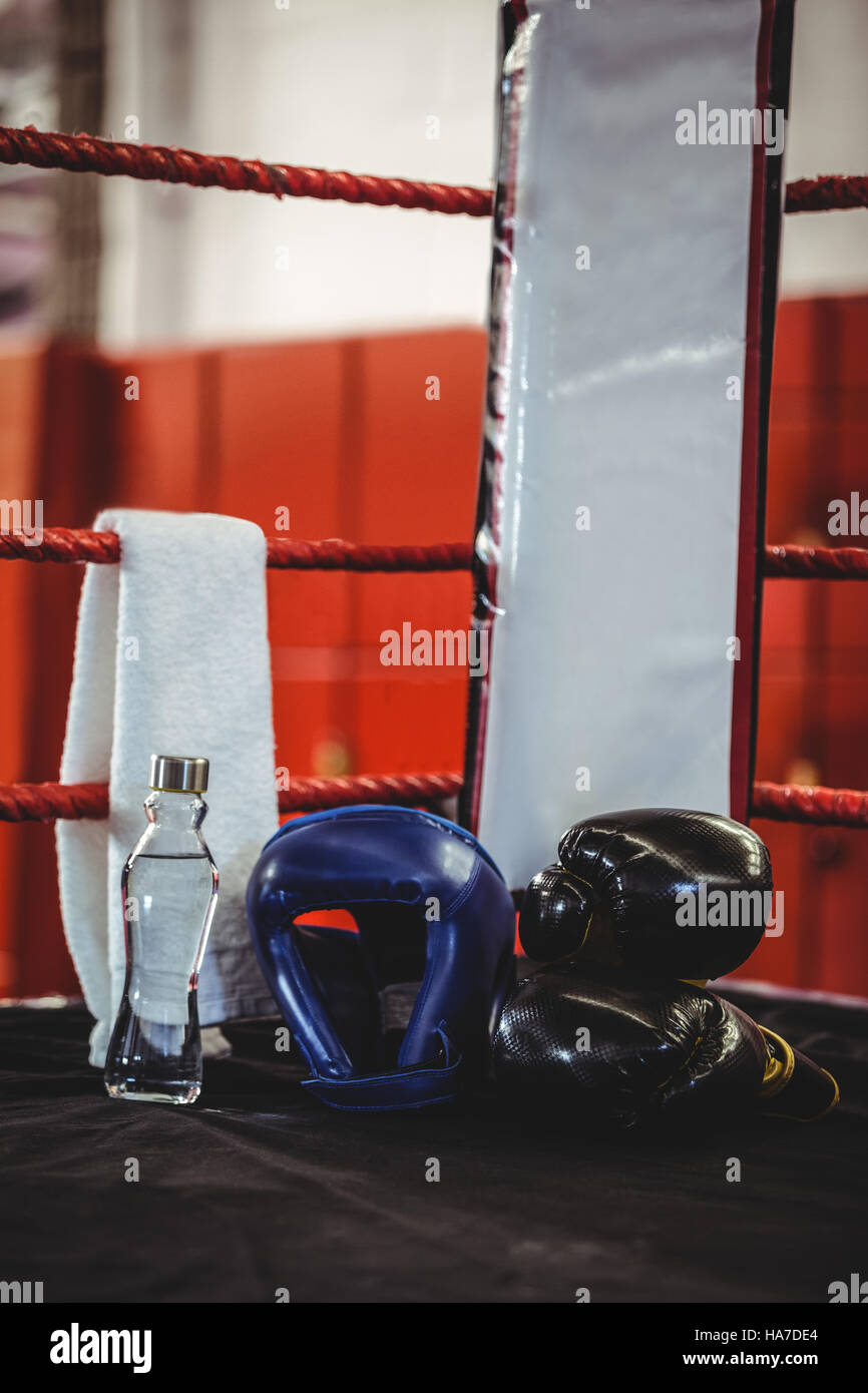Boxing gloves, headgear, water bottle and a towel in boxing ring Stock ...