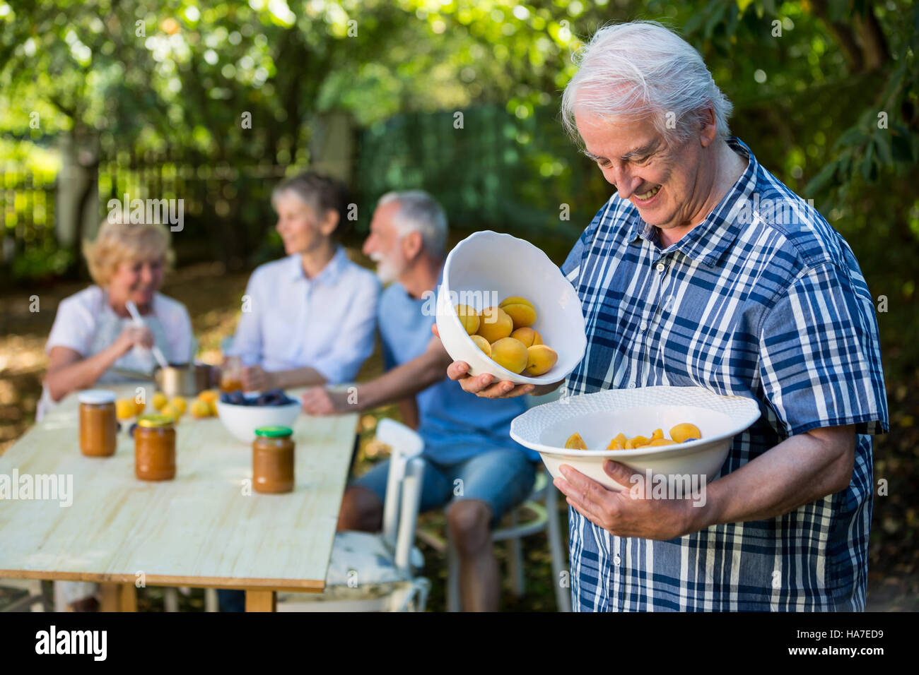 Senior man holding a bowl of apricot in garden Stock Photo - Alamy