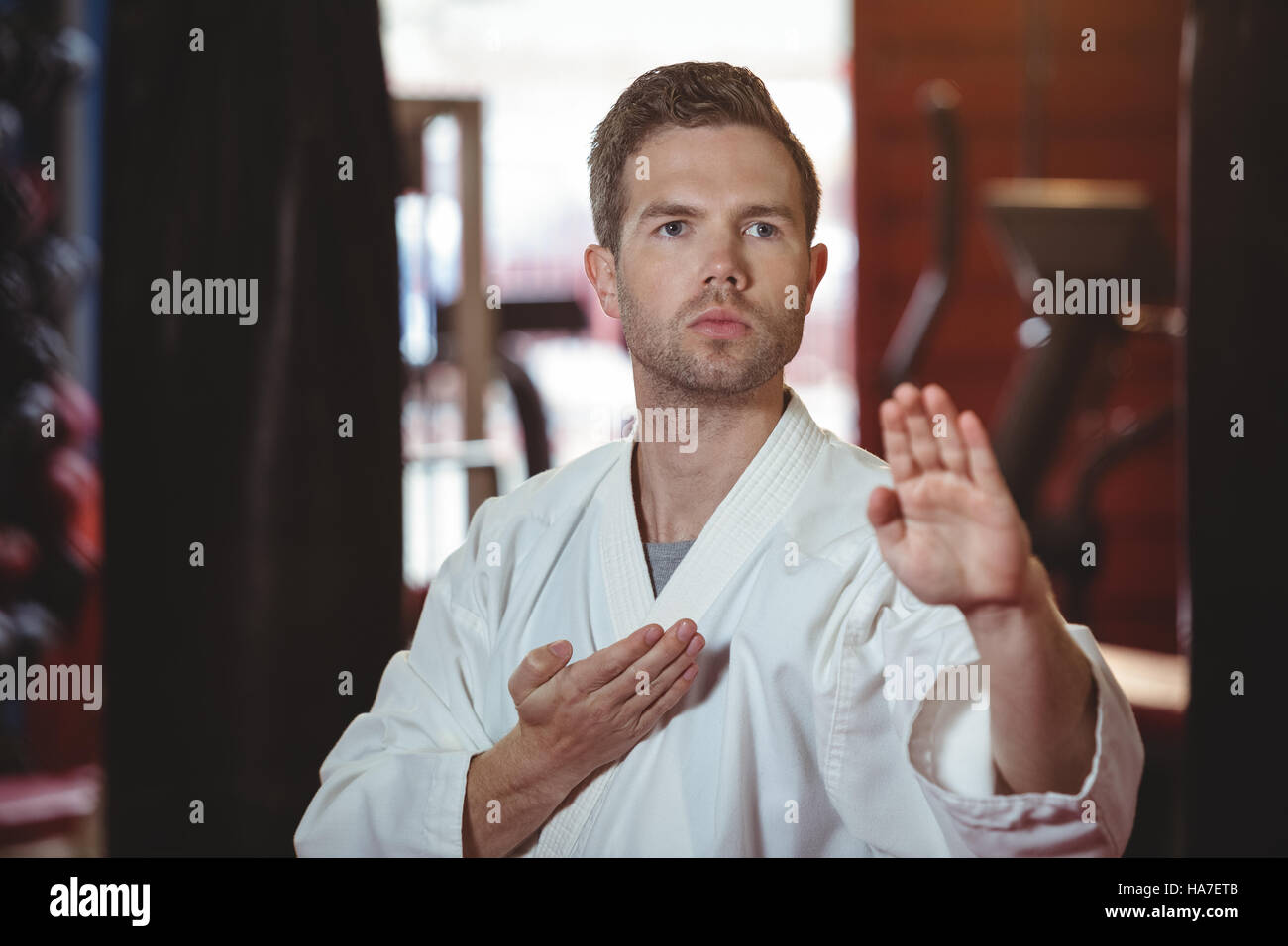 Karate player performing karate stance Stock Photo - Alamy