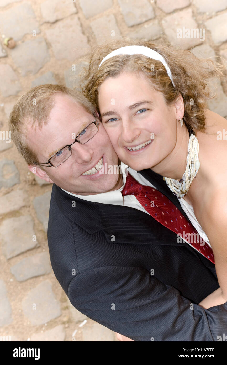 Young bride and groom in a castle courtyard, bird's eye view Stock ...