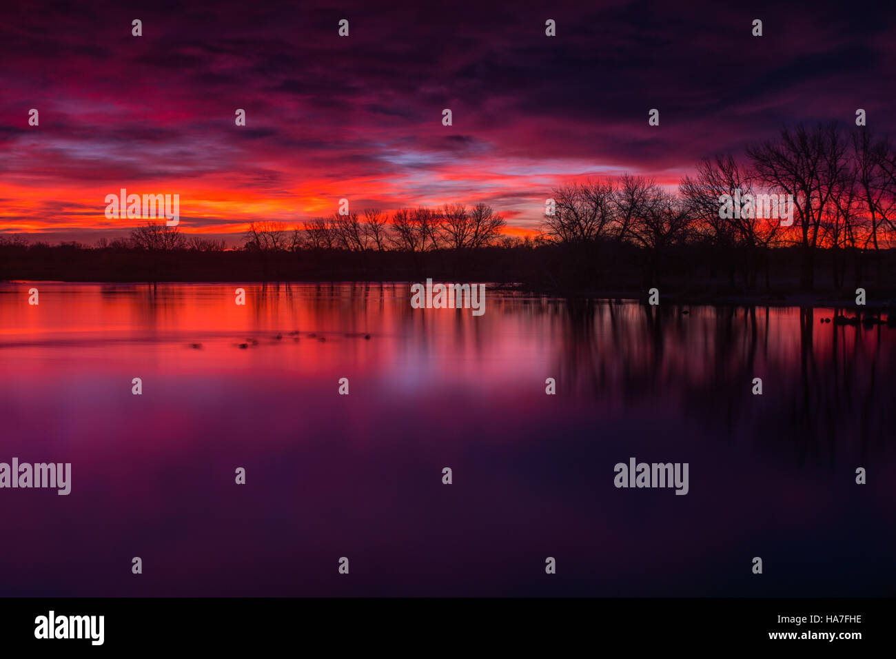 Lake Ladora in denver, Colorado is awash in the colors of a late Fall ...