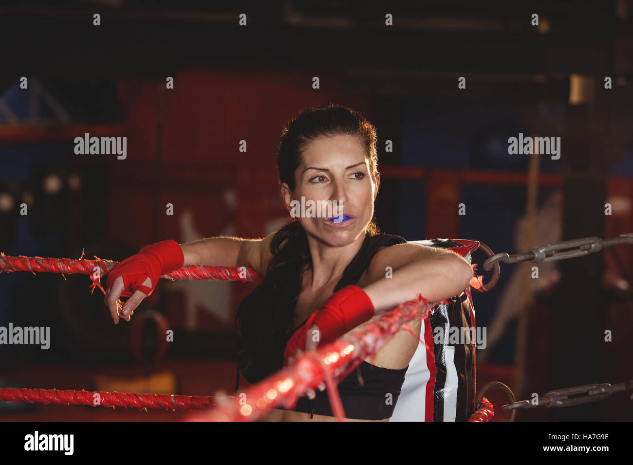 Thoughtful female boxer sitting in the ring Stock Photo - Alamy