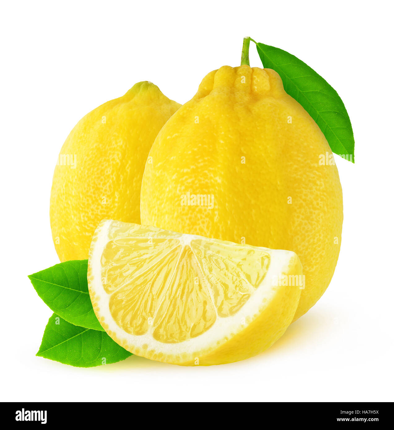 Isolated lemons. Two whole lemon fruits and a slice isolated on white ...