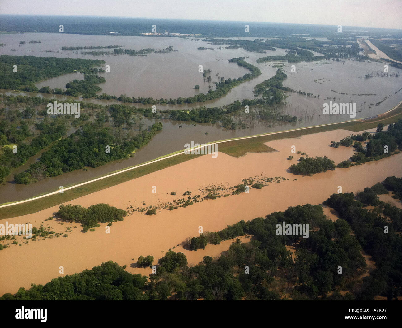 This aerial view captures the extensive flooding of the Mississippi ...