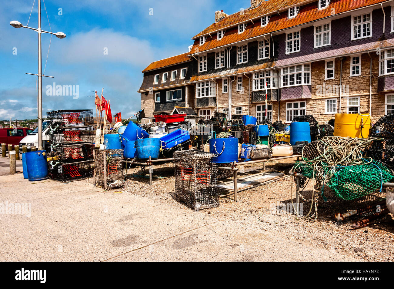 Commercial fishing accessories arranged in plots ready for loading ...