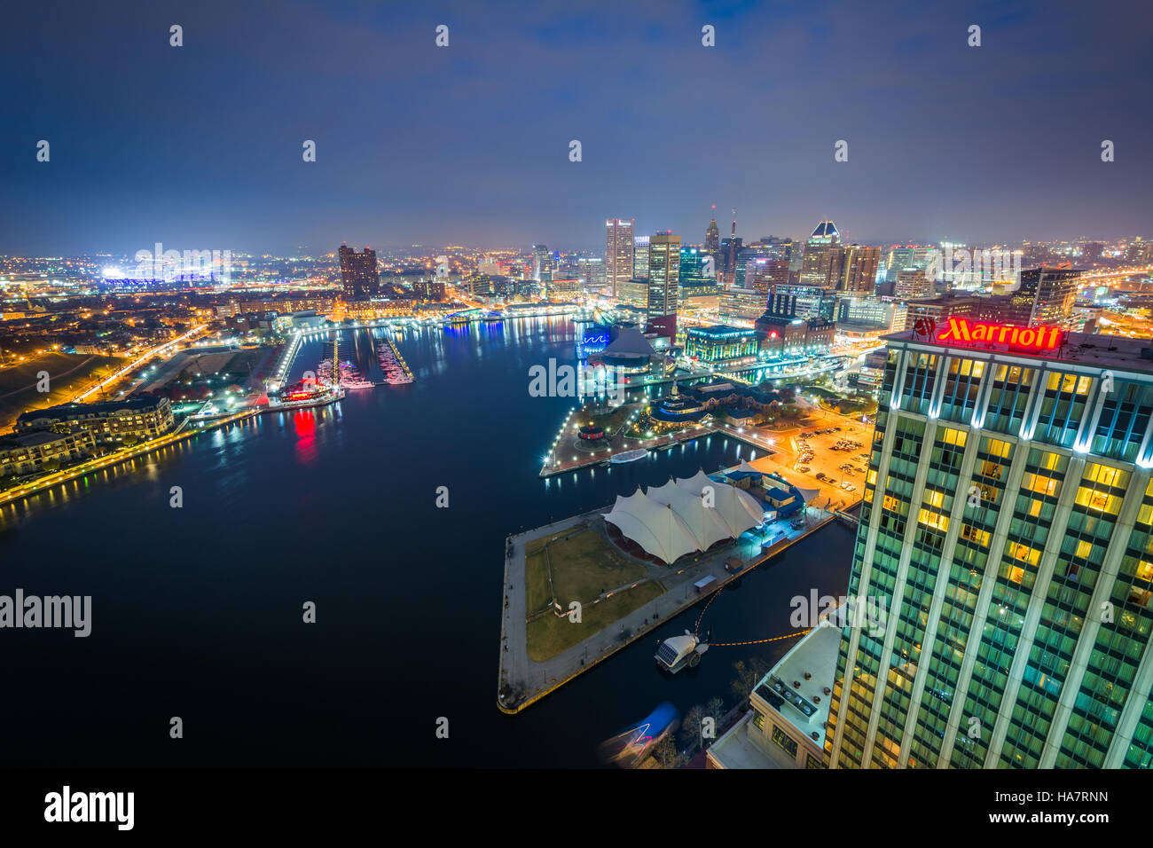 Aerial view of the Inner Harbor at night, in Baltimore, Maryland Stock ...