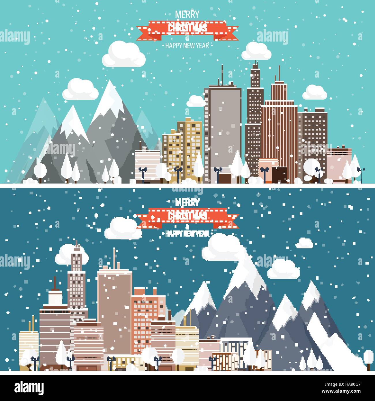 Vector illustration. Winter urban landscape. City with snow. Christmas ...