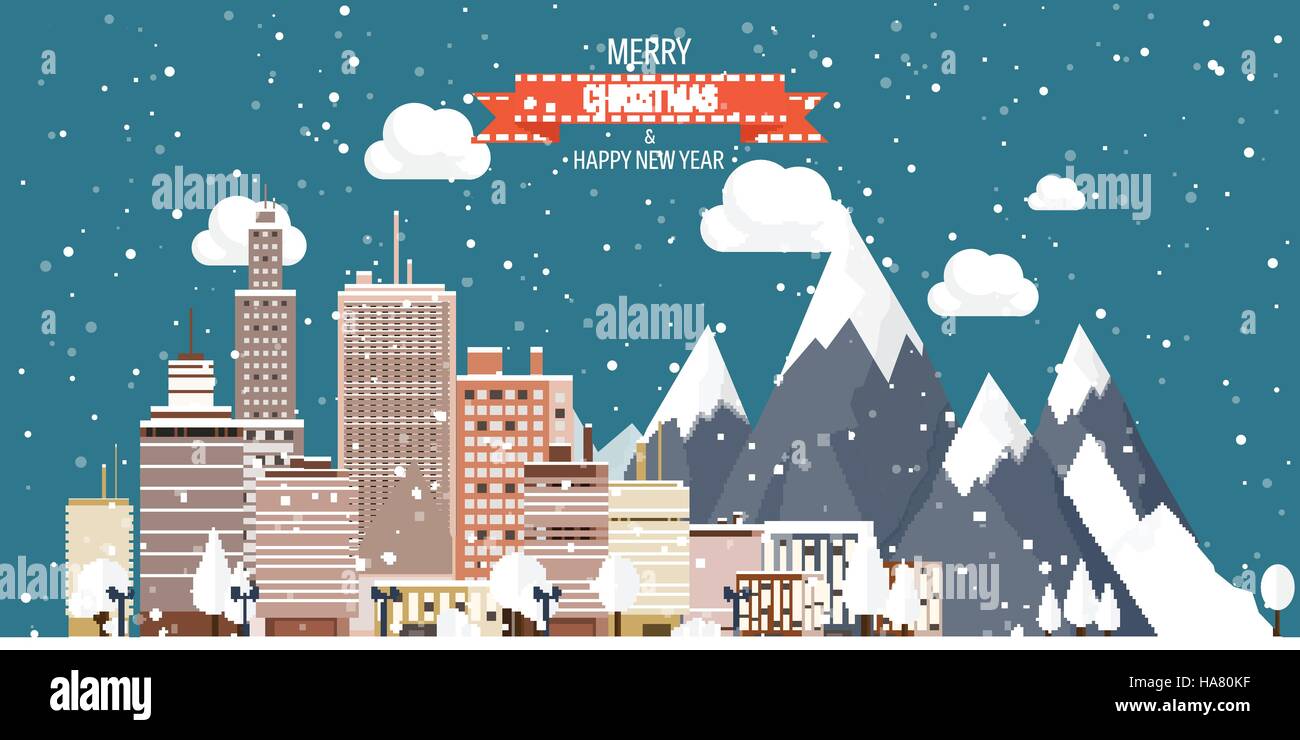 Vector illustration. Winter urban landscape. City with snow. Christmas ...