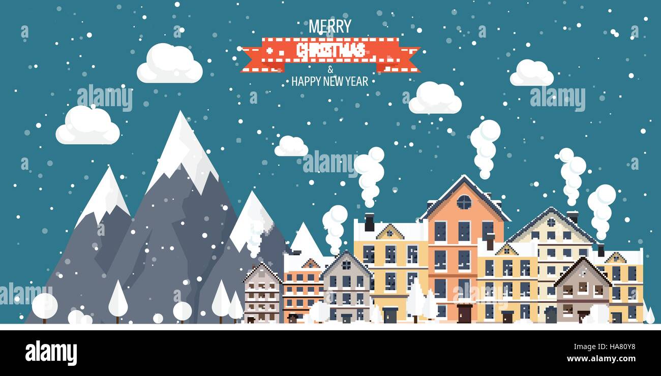 Vector illustration. Winter urban landscape. City with snow. Christmas ...