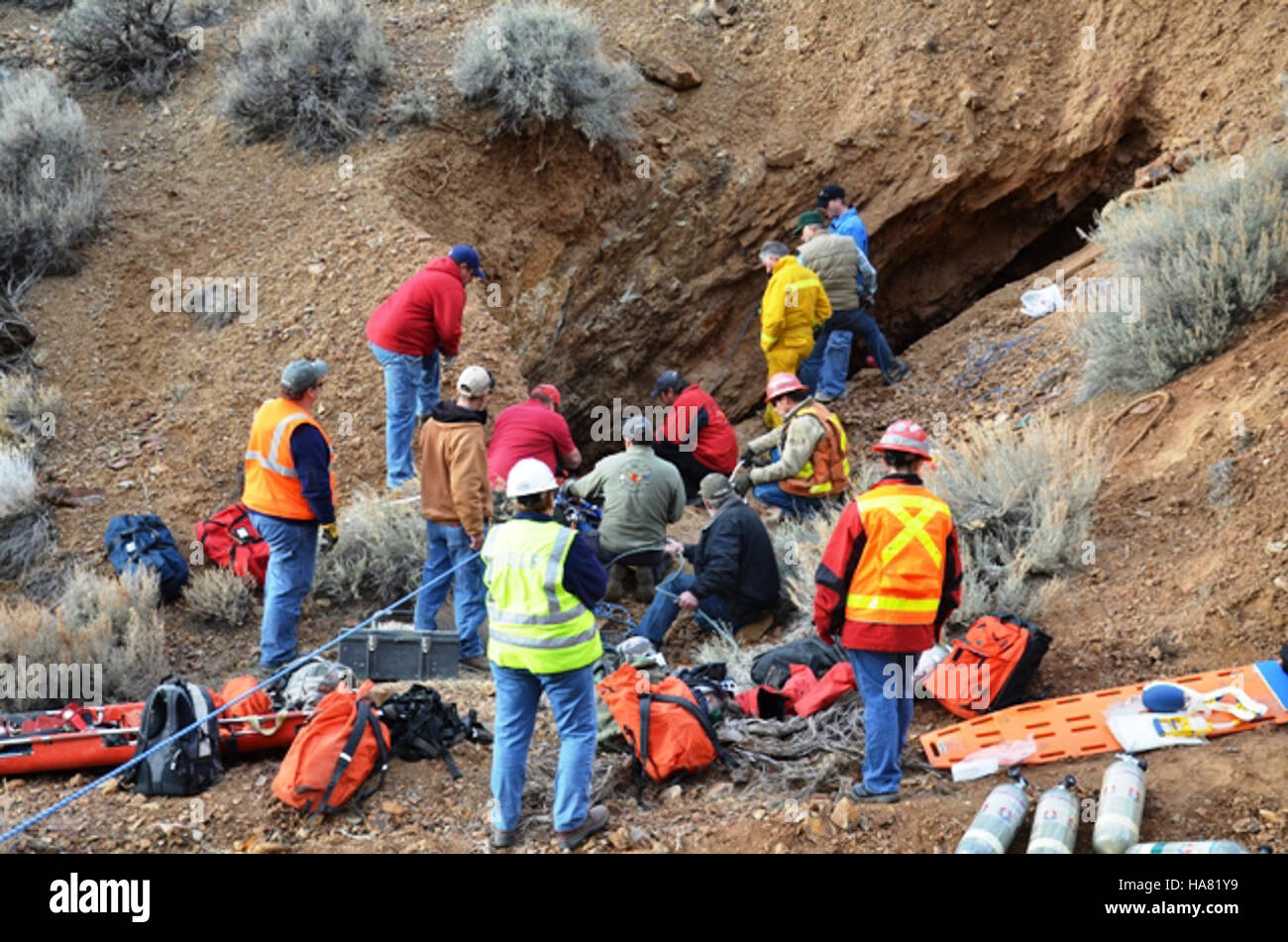 Rescue teams respond to an emergency at an abandoned mine site in ...