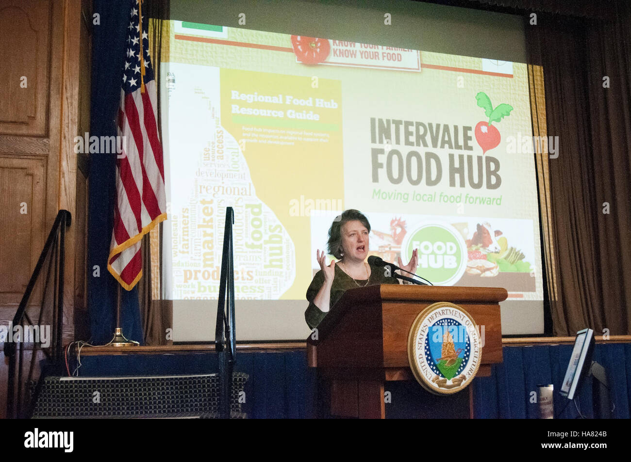 Dr. Kathleen Merrigan, Deputy Secretary of the USDA, speaks to summer interns at the Jefferson ...