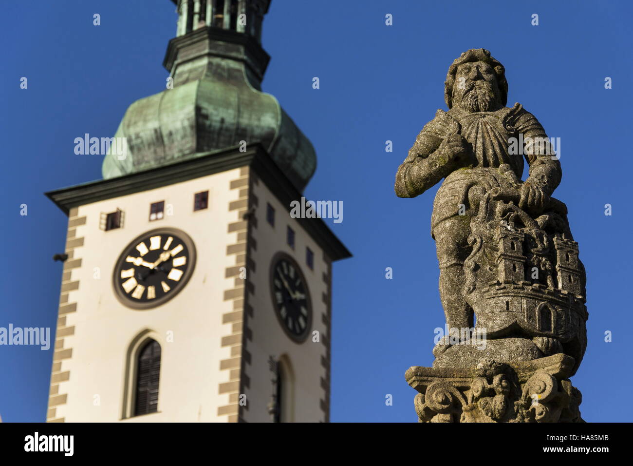 Knight Ronald on fountain before church in Tabor, Czech Republic Stock ...