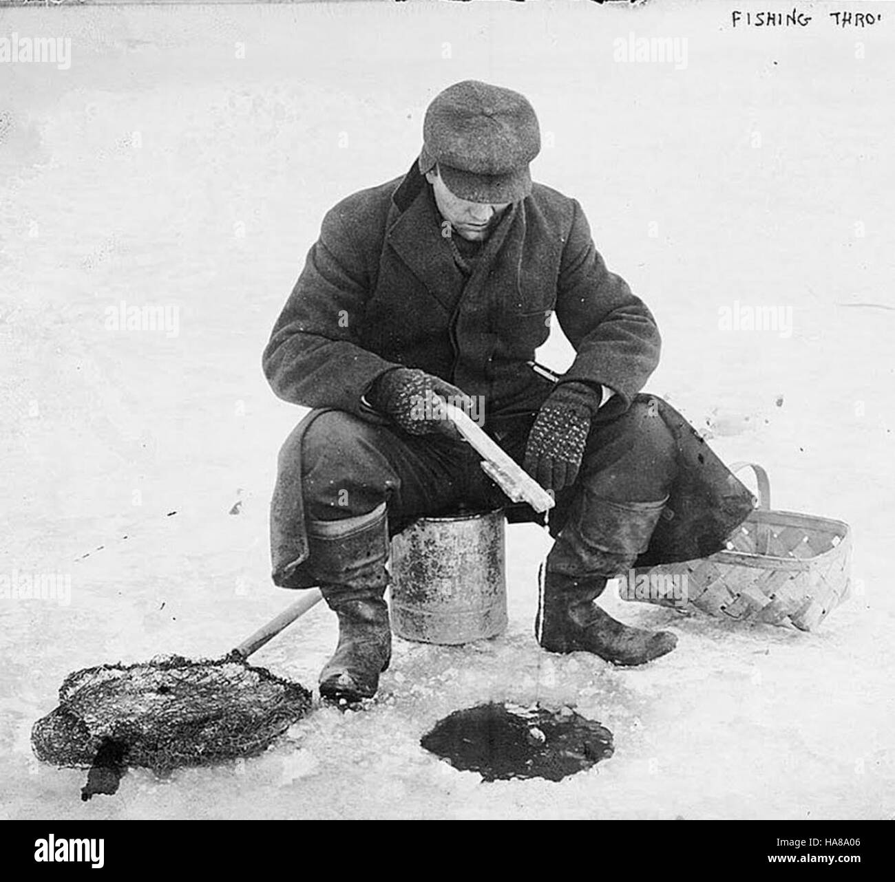 An early 20th-century depiction of ice fishing, showcasing the ...