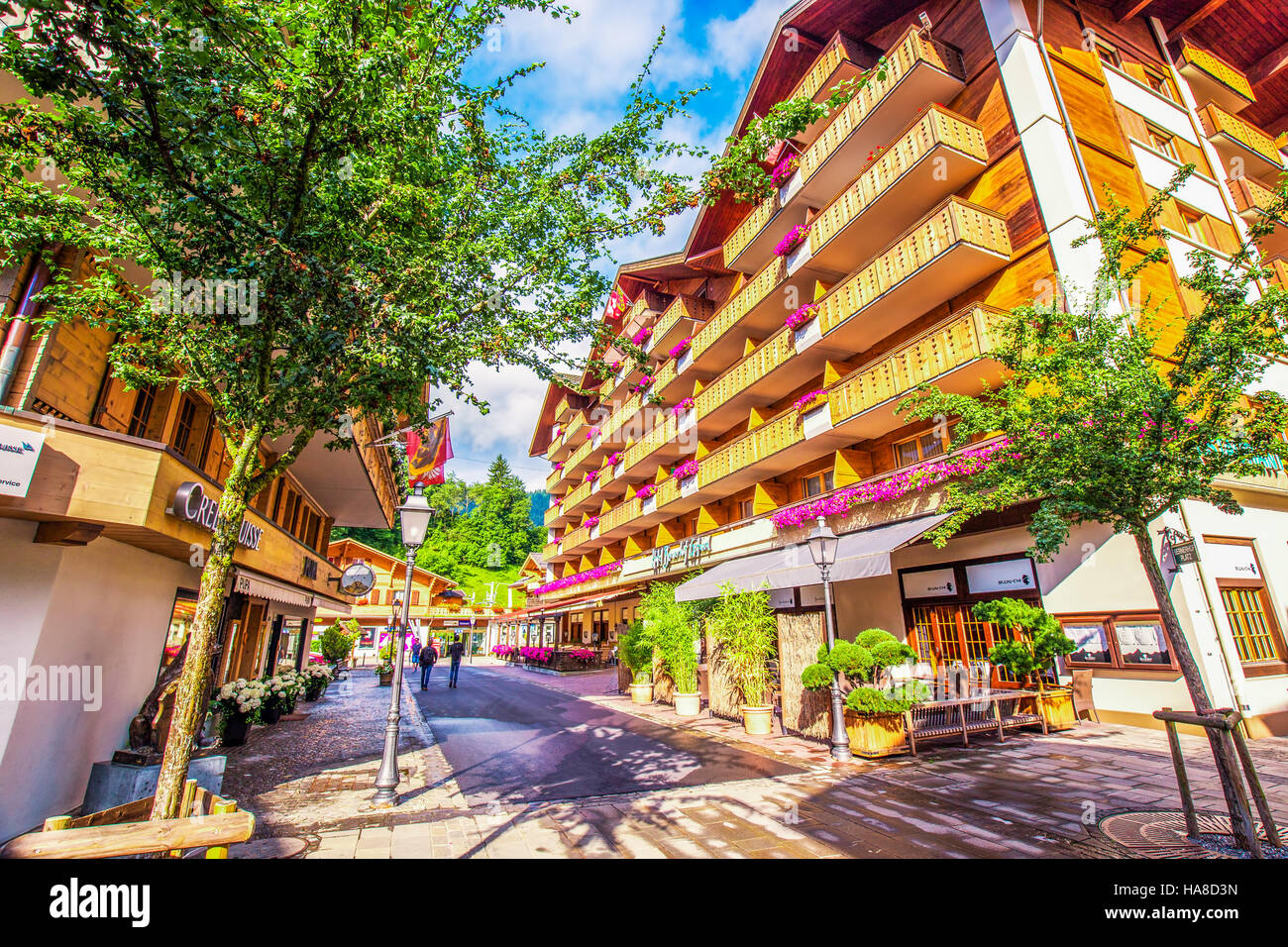 Old city center of Gstaad village - famous ski resort in Swiss Alps ...