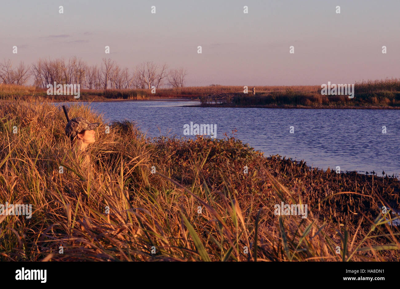 The image depicts visitors at a national park observing waterfowl ...