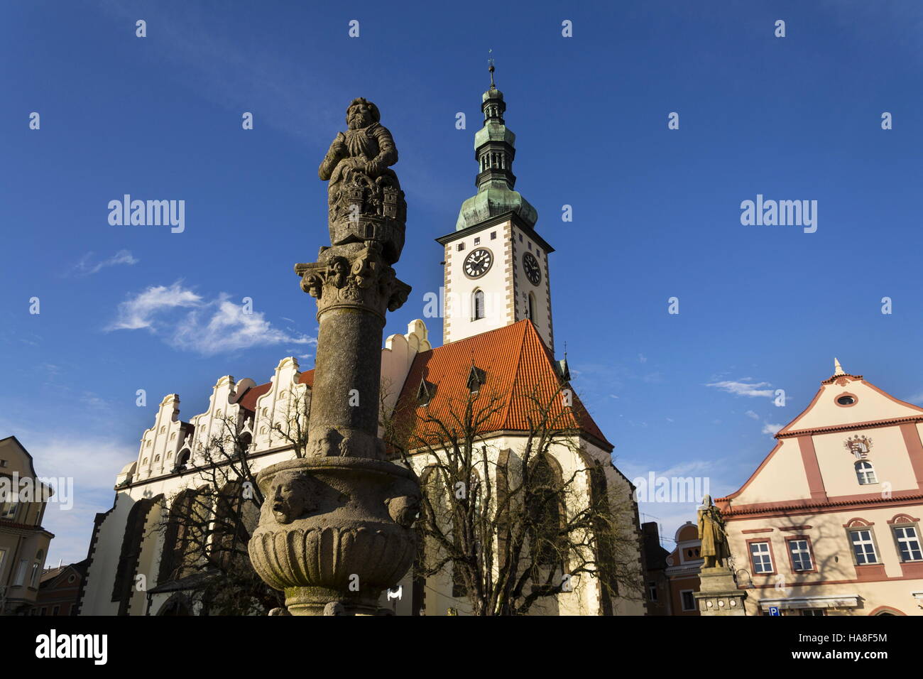 Knight Ronald on fountain before church in Tabor, Czech Republic Stock ...