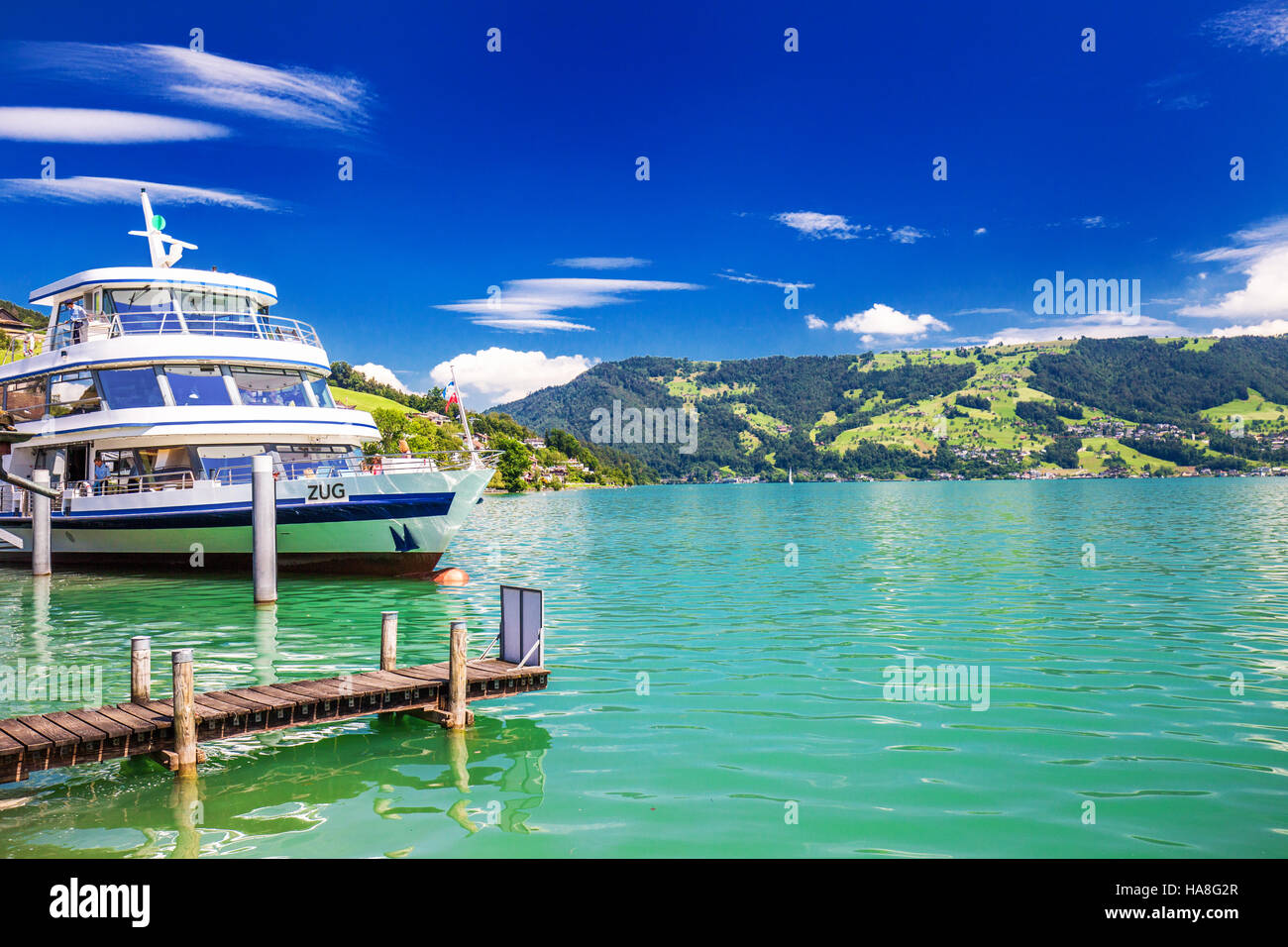Scenic panorama view of traditional excursion ship on famous Lake Zug ...