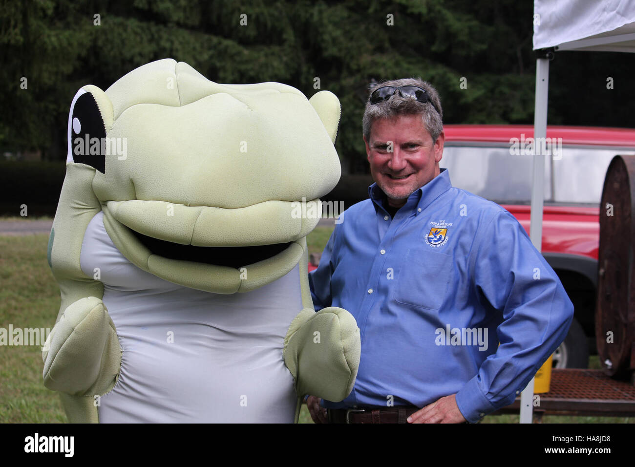 Mike Weimer, ARD Fisheries biologist, holds Lucy the Lake Trout at a U ...