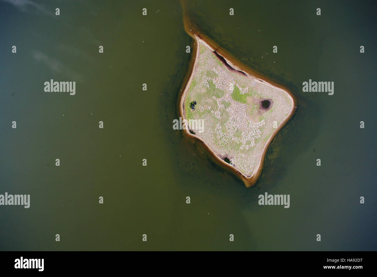 An aerial view of a smaller nesting island in a protected wildlife area ...