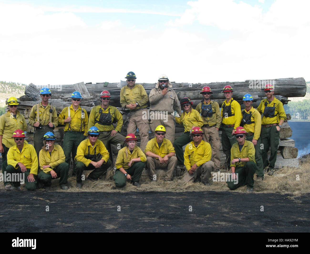 A fire crew at work in a National Park, assisting in the prevention and ...