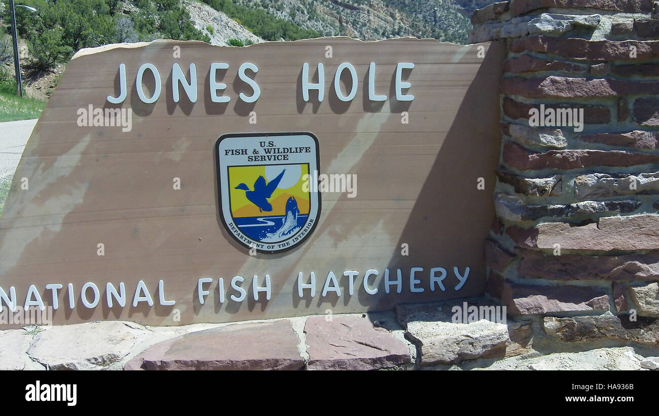 The entrance sign at Jones Hole marks a location within a national park ...