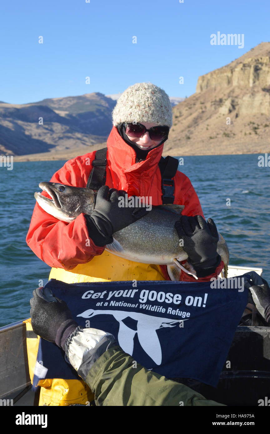 The image captures a campaign promoting the fishing of lake trout with ...