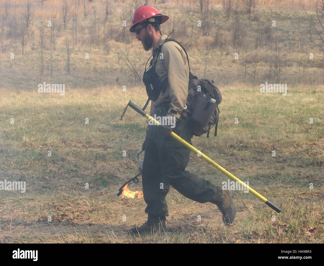 A firefighter, equipped with a drip torch and hand tool, prepares for ...