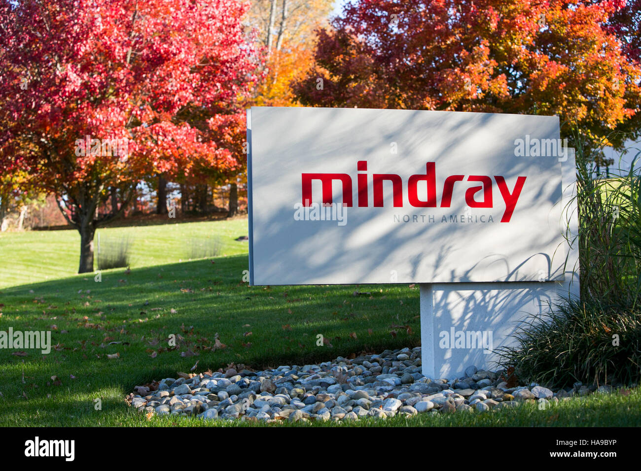A logo sign outside of a facility occupied by Mindray North America in ...