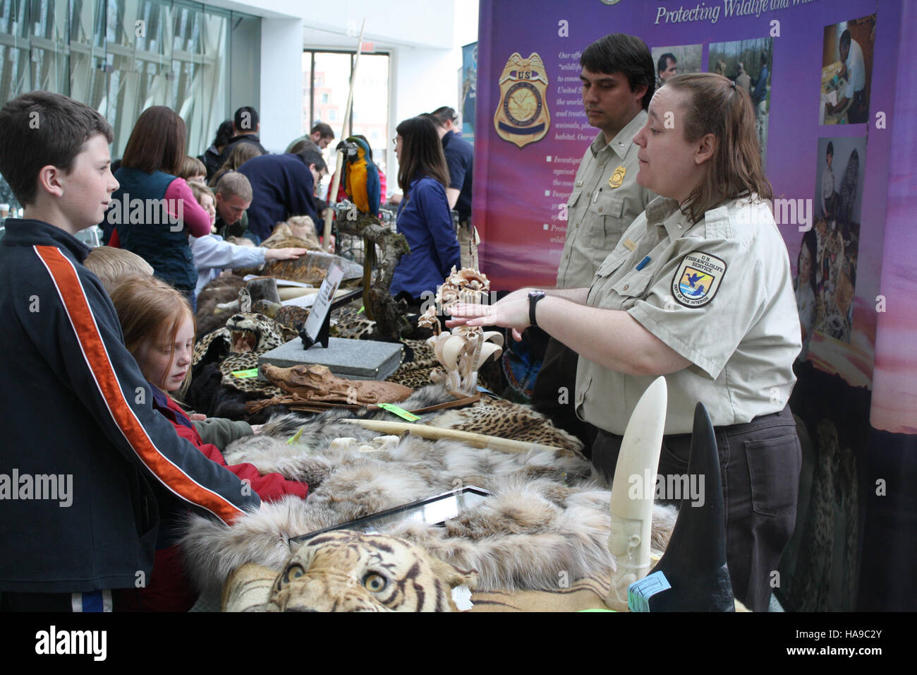 Wildlife inspectors explain exhibits at a national park, providing ...