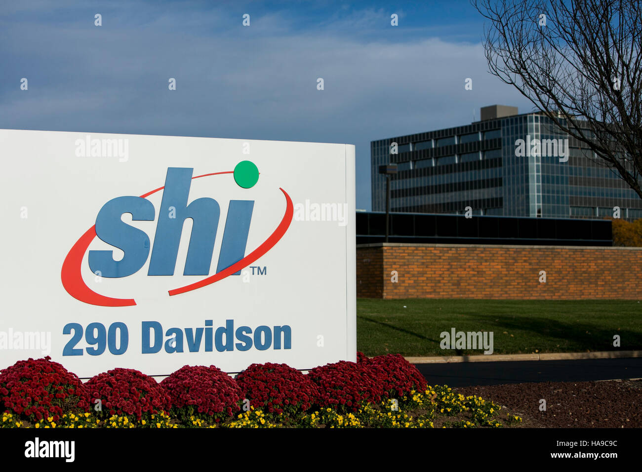A logo sign outside of the headquarters of SHI International Corp., in ...