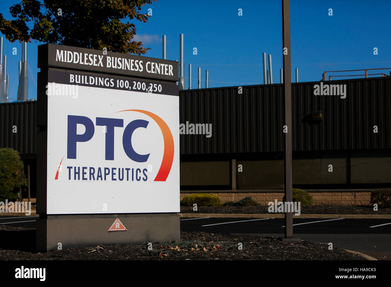 A logo sign outside of the headquarters of PTC Therapeutics in South ...