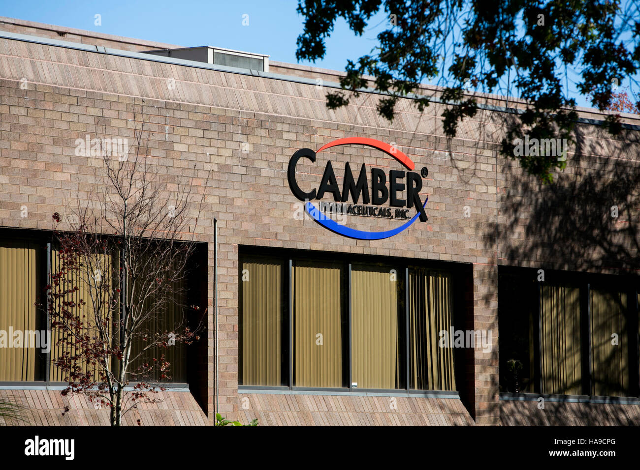 A logo sign outside of a facility occupied by Camber Pharmaceuticals in ...