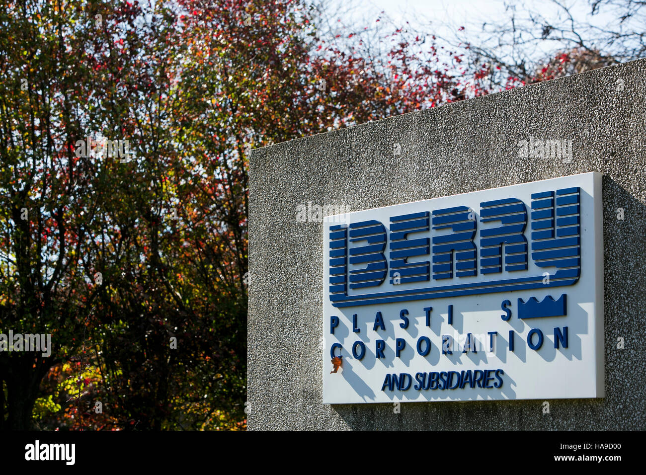 A logo sign outside of a facility occupied by Berry Plastics in ...