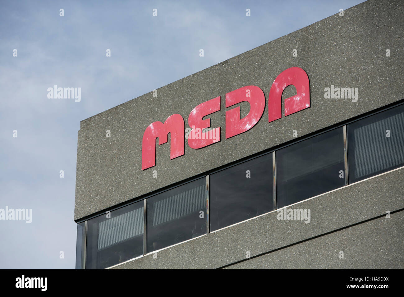 A logo sign outside of a facility occupied by Meda Pharmaceuticals in ...