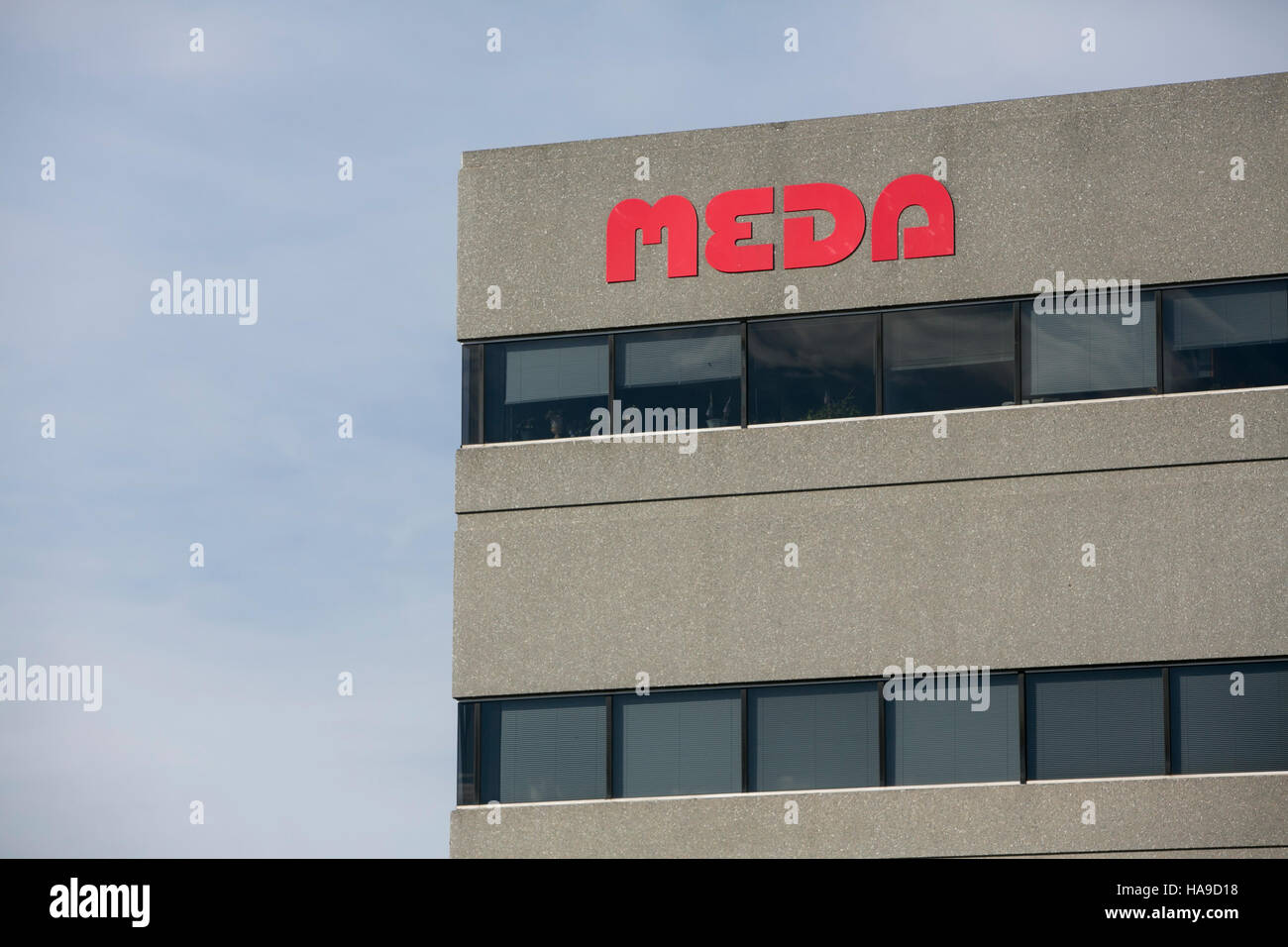 A logo sign outside of a facility occupied by Meda Pharmaceuticals in ...