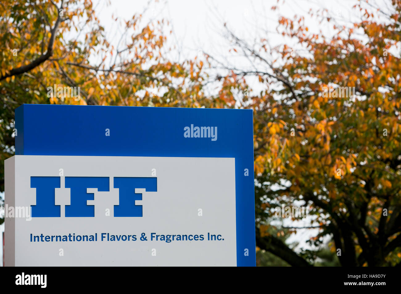 A logo sign outside of a facility occupied by International Flavors ...