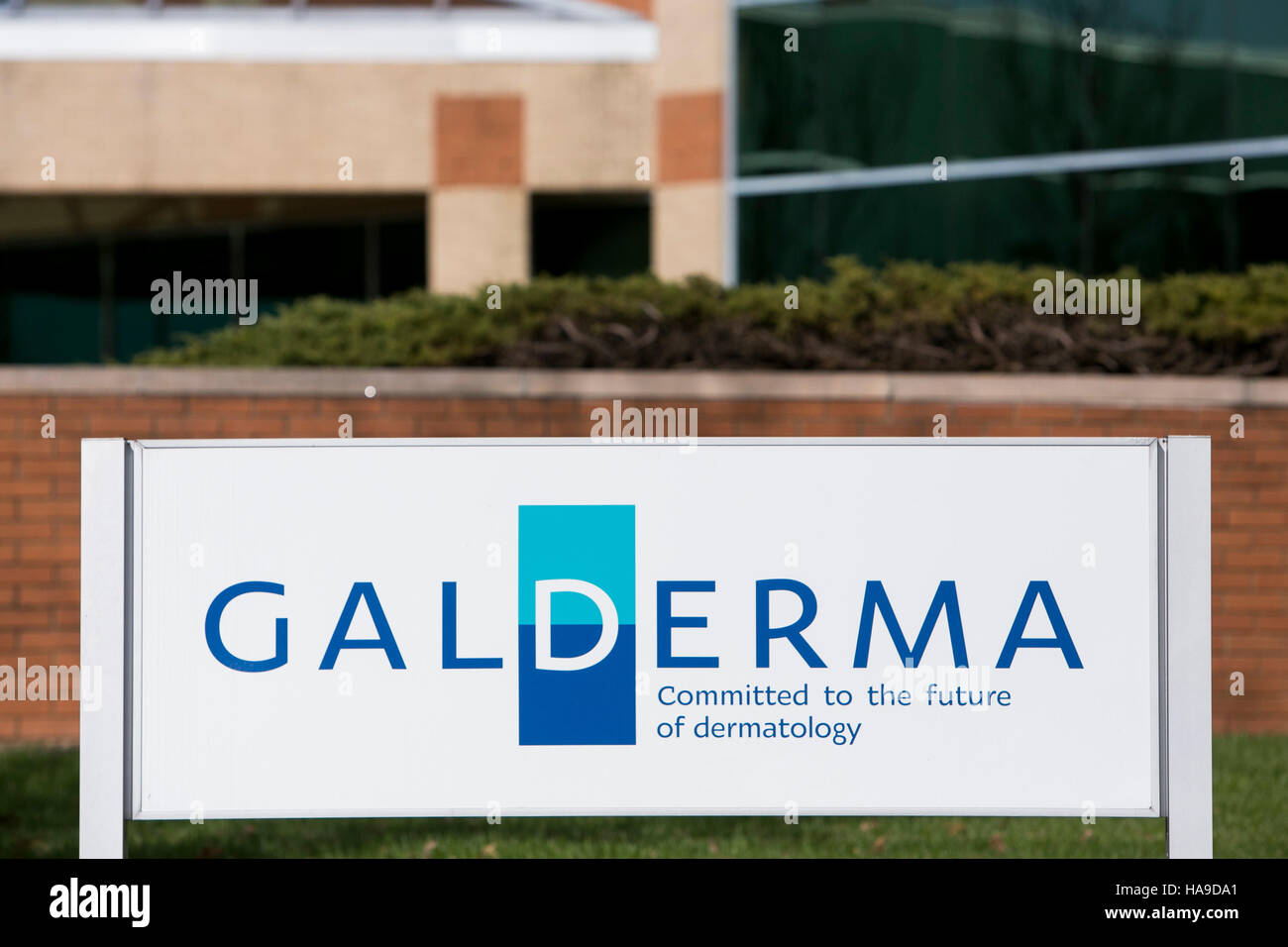 A logo sign outside of a facility occupied by Galderma in Cranbury, New ...