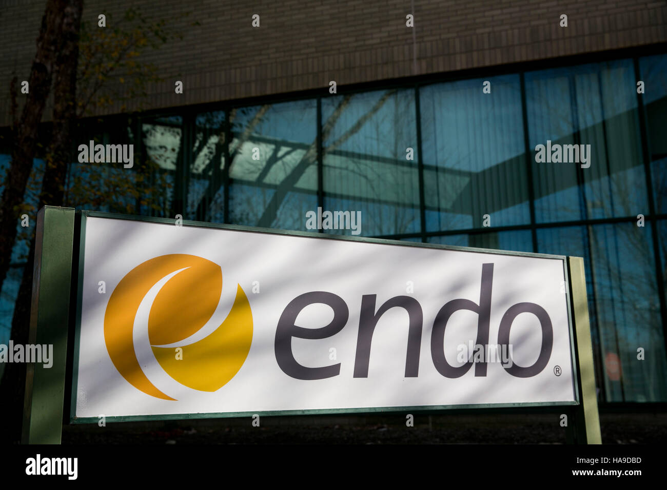 A logo sign outside of a facility occupied by Endo Pharmaceuticals in ...