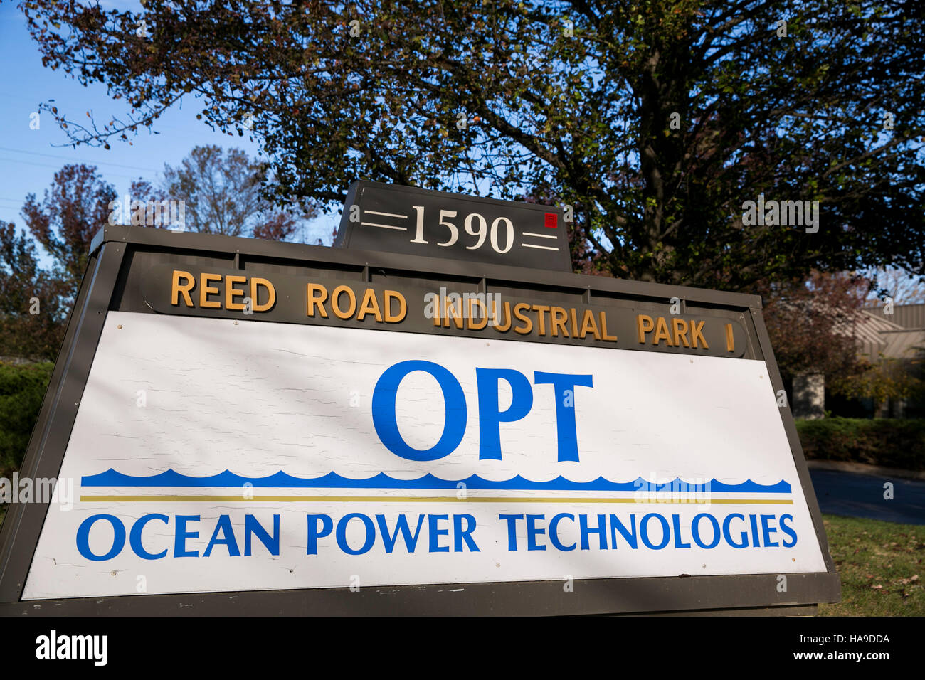A logo sign outside of the headquarters of Ocean Power Technologies in ...
