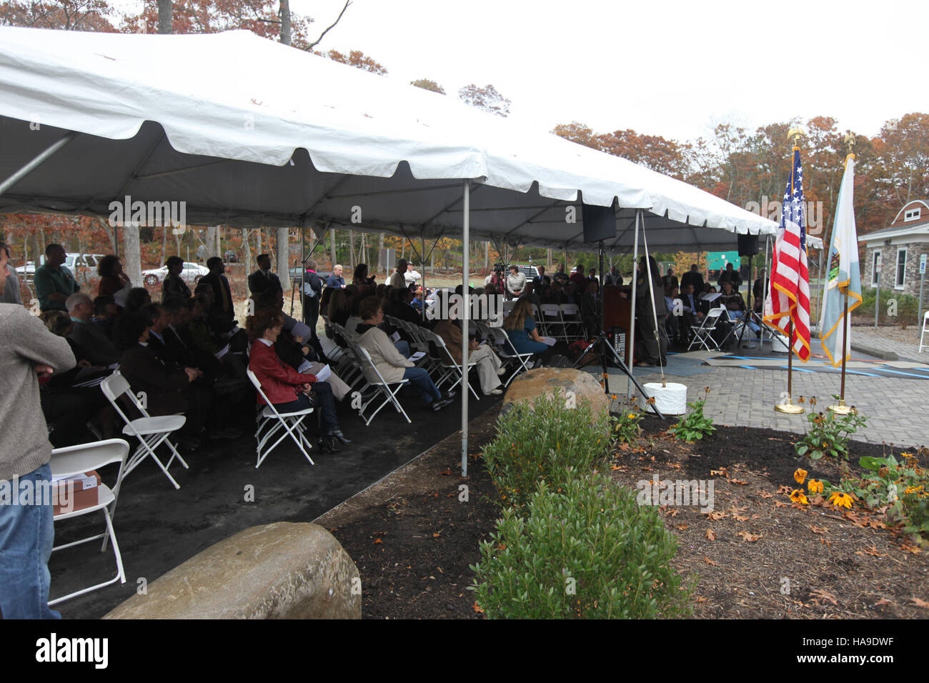 A community gathering inside a tent at a national park event ...