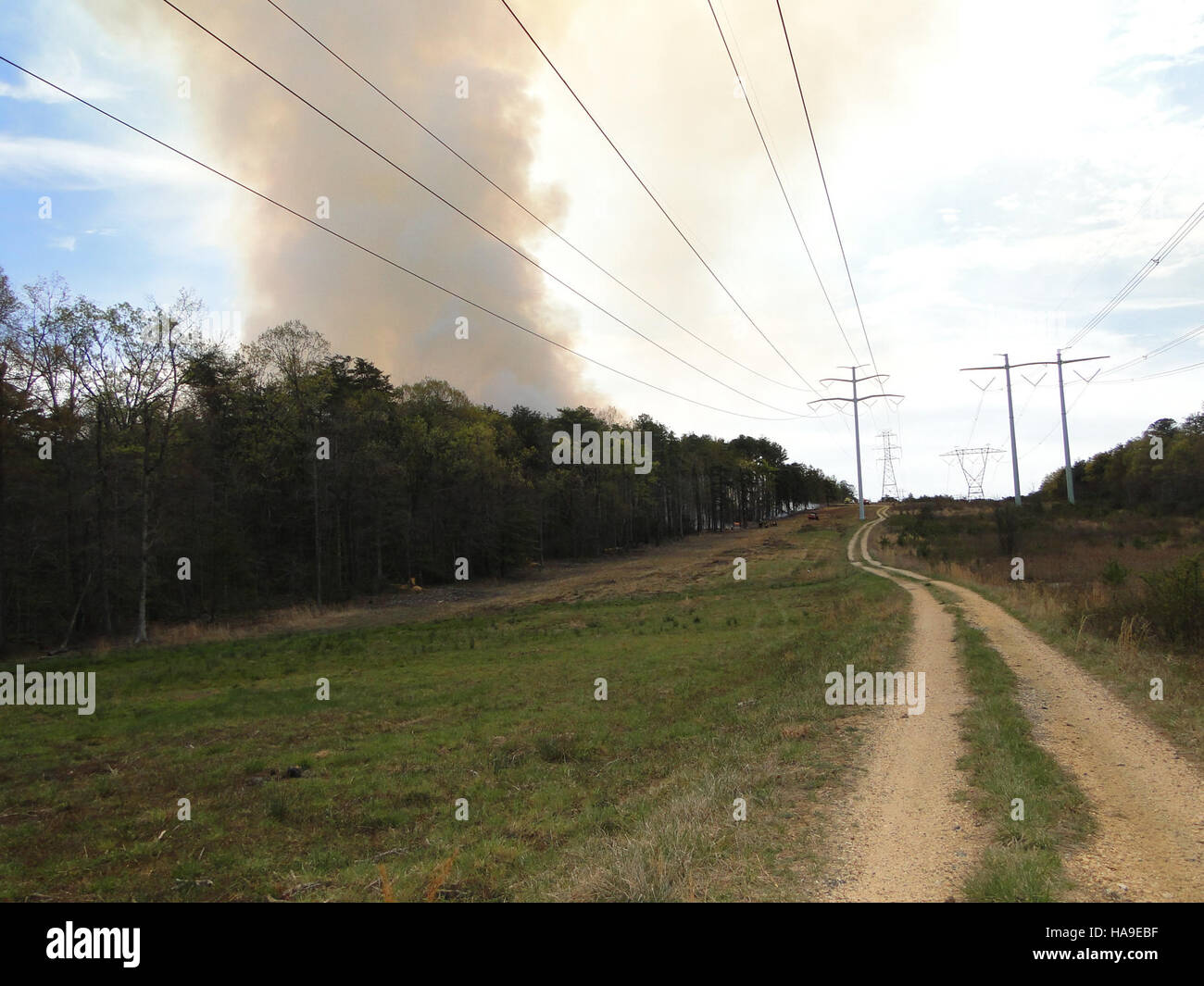 A smoke plume drifts away from a powerline at a National Park ...