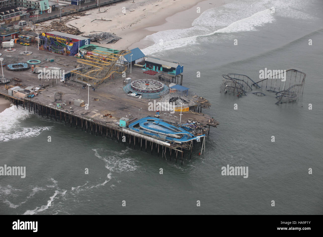 A photograph documenting damage to the Casino Pier in New Jersey, an ...