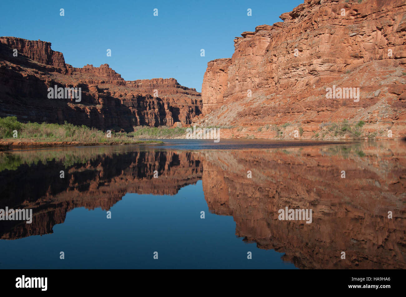 The Colorado River reflects in the still waters within Canyonlands ...